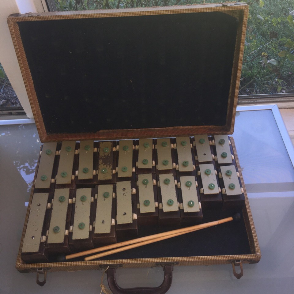 Kitcher Vintage Antique Wood & Brass Xylophone In Antique Travel Case ...