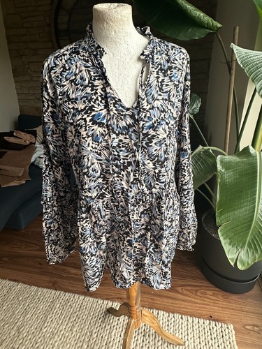 TU Blue/Cream Floral Print Relaxed Fit Pop Over Top Frill Trim Size 14 ...