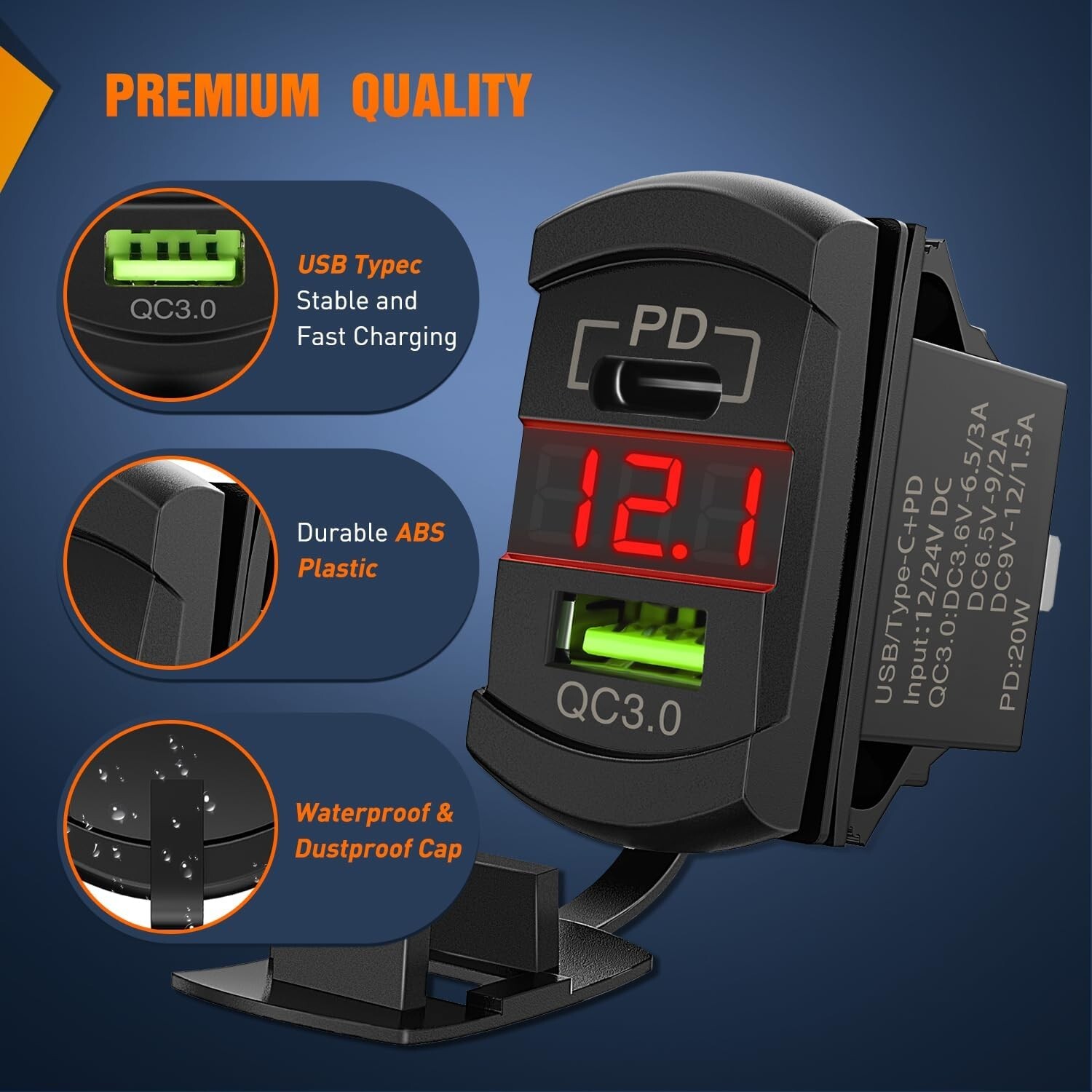 Nilight Rocker Switch Style USB Charger Red LED Voltmeter Quick Charge ...