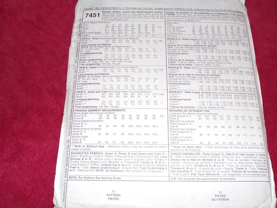 🌼 McCALL'S #7451-LADIES OFF SHOULDER BRIDAL-BRIDESMAID GOWN PATTERN 6 ...