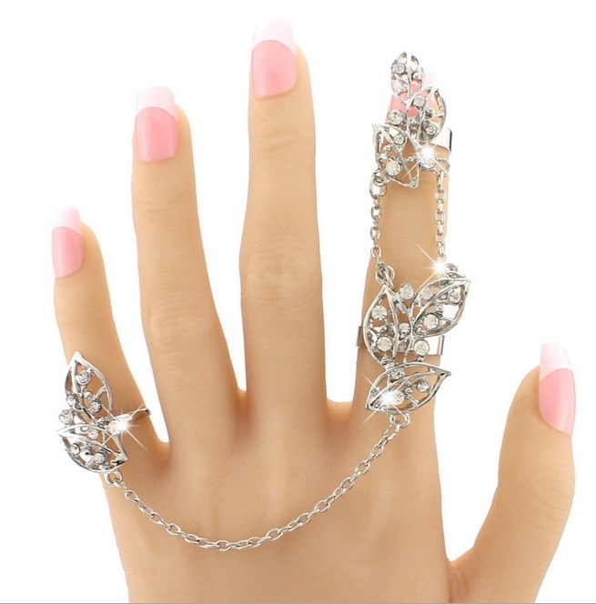 Fashion Charm Hollow Out Flower Leaf Full Finger Link Double Finger ...