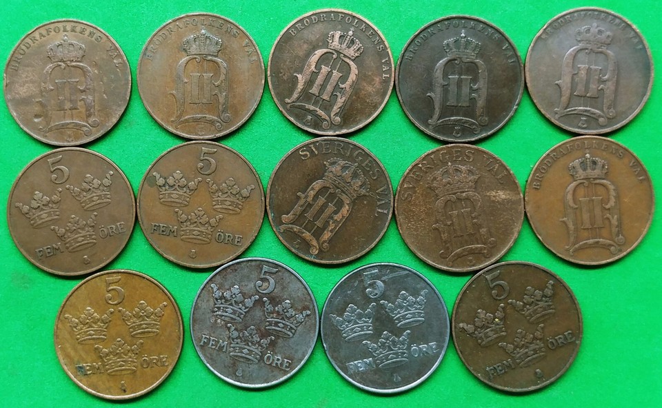 Lot of 14 Different Old Sweden 5 ore Coins 1874-1950 Vintage World ...