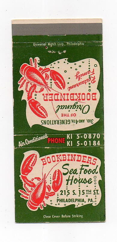 Bookbinders Restaurant Philadelphia PA Unused Front Strike Matchcover Lobster | eBay