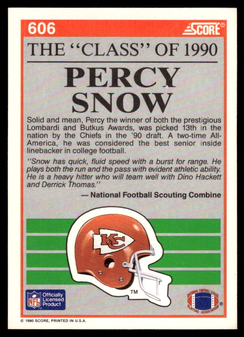 1990 Score Percy Snow Kansas City Chiefs #606 | eBay
