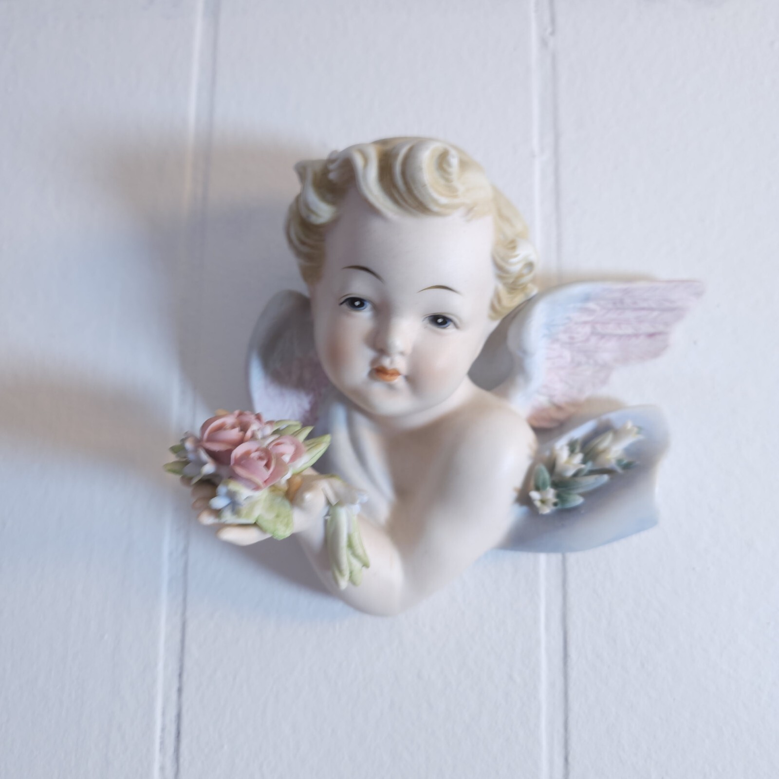 Vintage Lefton Japan Cherub Blonde Angel Blue Pink Flowers Wall Plaque ...