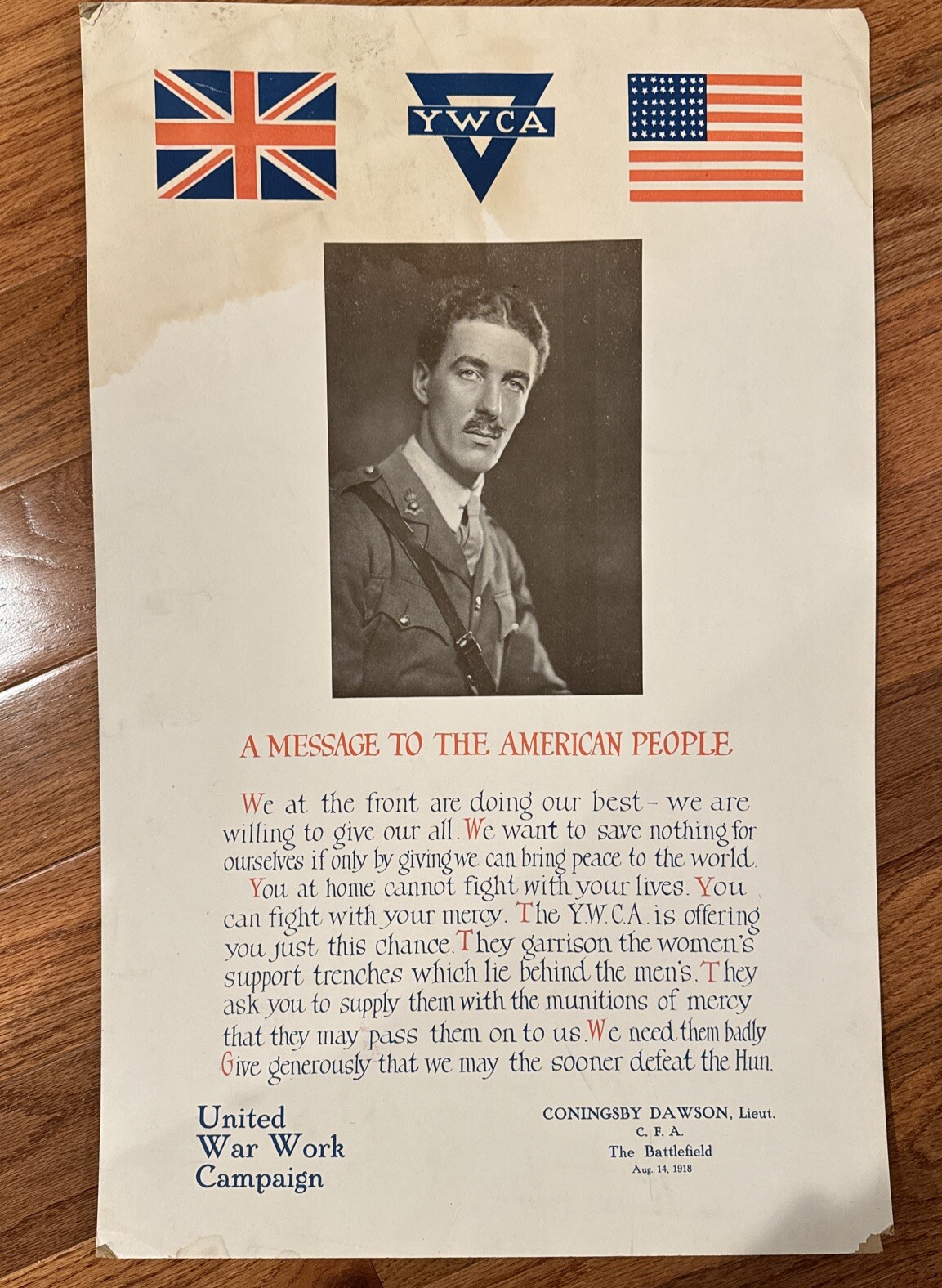 Vtg 1918 YMCA United War Work Campaign Coningsby Dawson WWI Poster ...