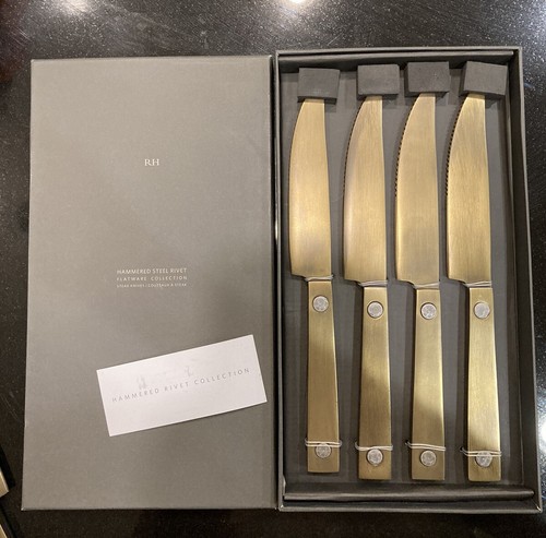 4 RESTORATION HARDWARE HAMMERED BRASS RIVETS STEAK KNIVES | eBay