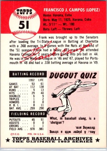 Frank Campos 1991 Topps Archives #51 Washington Senators 1953 Reprint ...