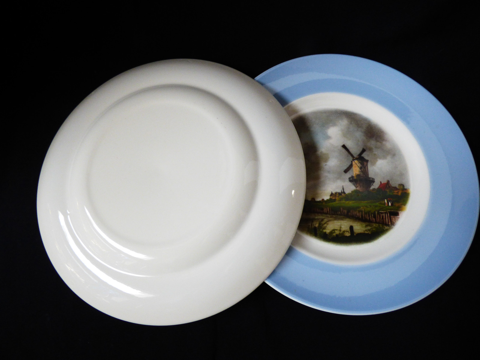 VTG Dutch Holland Set of 2 blue rim Windmill & country scene porcelain ...