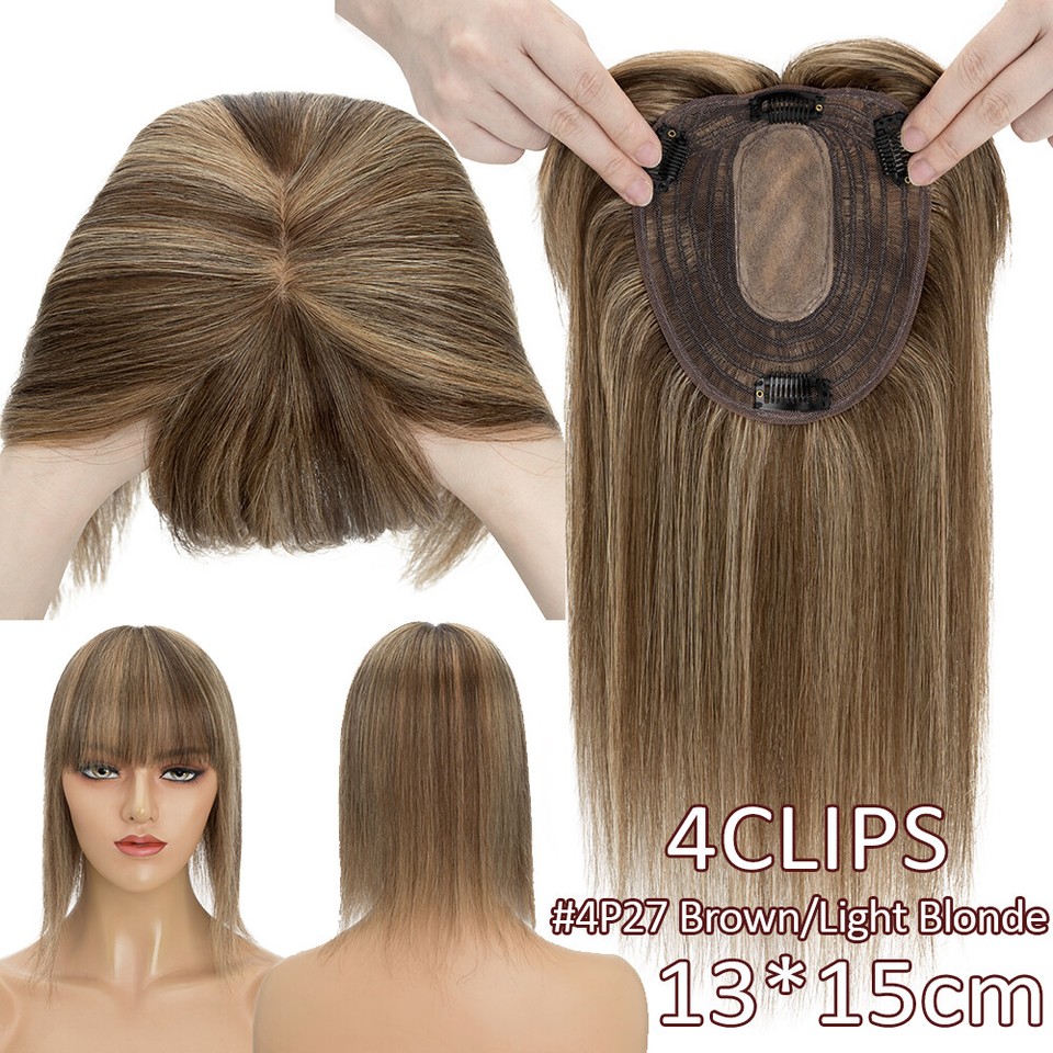 100% Remy Hair Clip In Human Hair Topper Hairpiece Toupee Silk Base ...