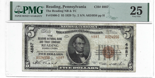 1929 $5 READING NATIONAL BANK & TRUST READING PENNSYLVANIA CHARTER ...