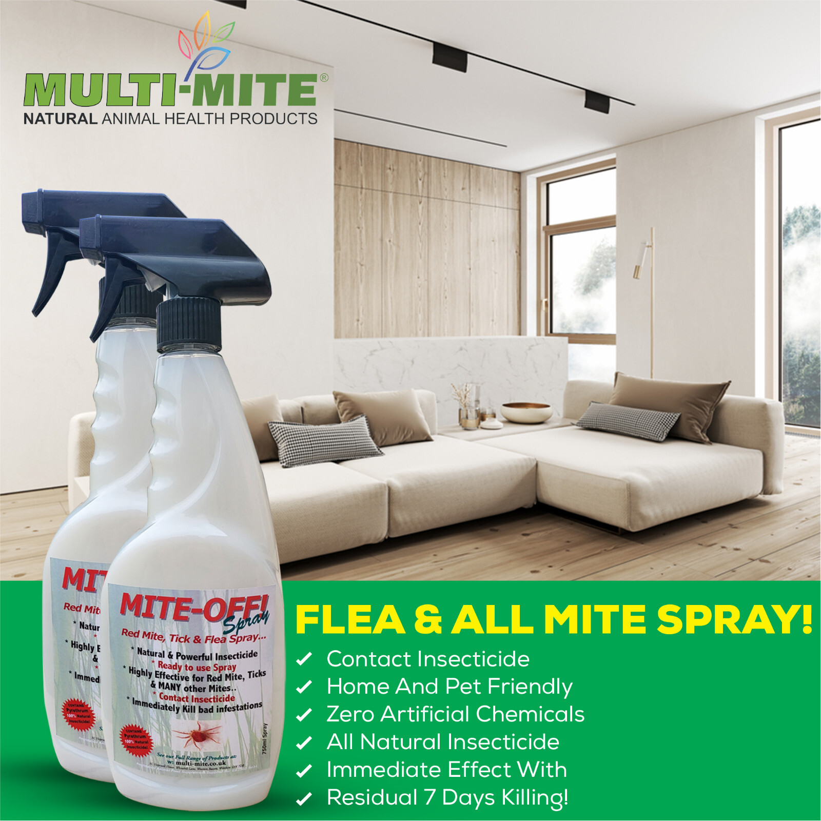 Flea Spray & ALL Mites Killer Organic MITE OFF 2 X 500ml Sprays - MULTI ...