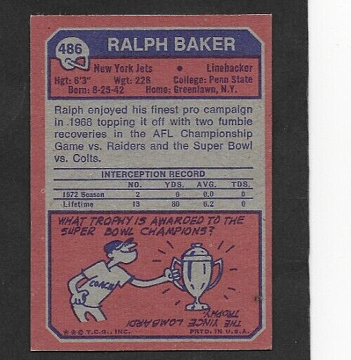 1973 Topps NFL Football #486 Ralph Baker, New York Jets, NM NRMT | eBay