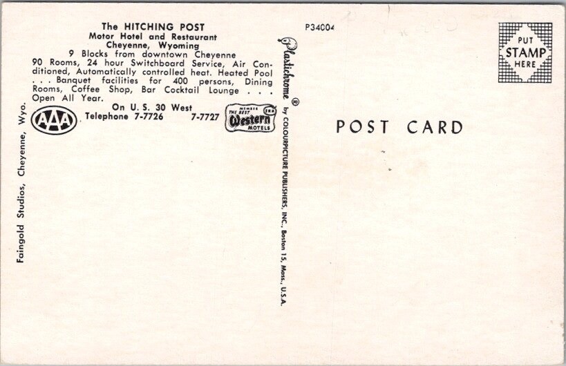 Cheyenne, Wyoming Postcard HITCHING POST MOTOR HOTEL Highway 30 ...