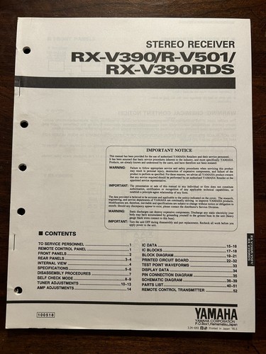 Yamaha RX-V390 R-V501 Stereo Receiver Service Manual Vintage Original ...