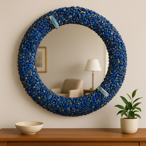 Handmade 18-Inch Lapis Lazuli Crystal Mirror – Round Blue Stone Luxury ...