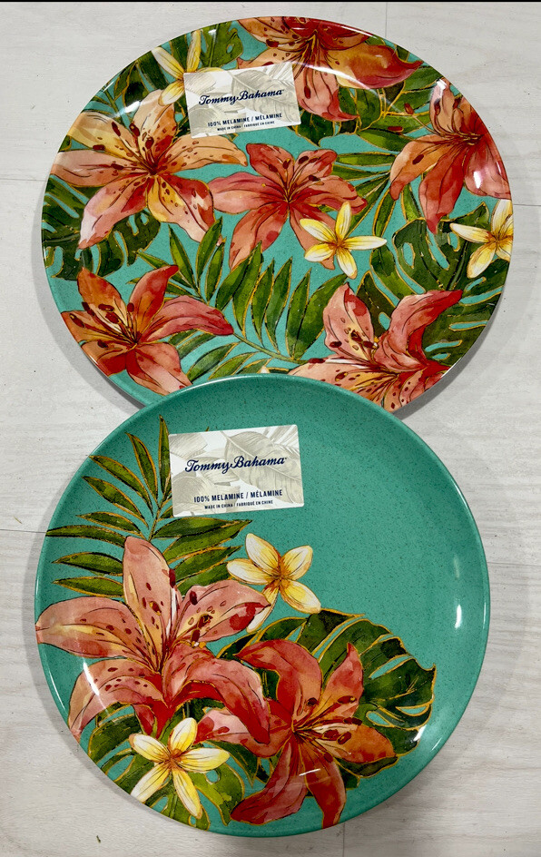 Tommy Bahama Tropical Leaf Flowers MELAMINE 4 Dinner 4 Salad Plates Set ...