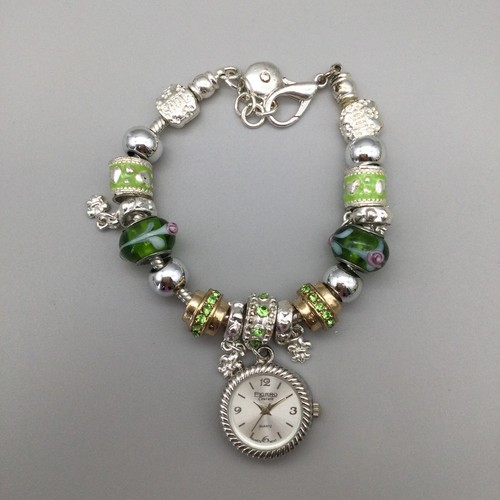 Figaro Couture Watch Women Silver Gold Tone Green Slide Charm Band New ...