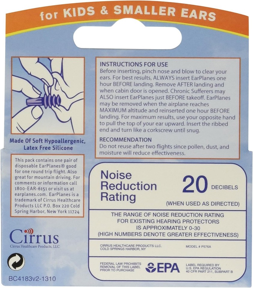 EarPlanes Original Ear Plugs for Kids & Smaller Ears, 1 Pair ...