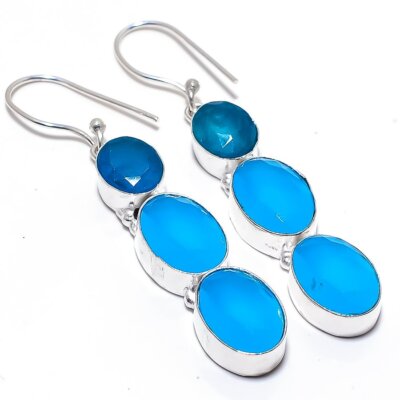 Blue Onyx, Sapphire Gemstone 925 Sterling Silver Jewelry Earring 2.5 ...
