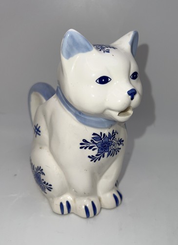Kitty Cat Creamer Pitcher Porcelain Pottery Blue White Vintage 5" Hand ...