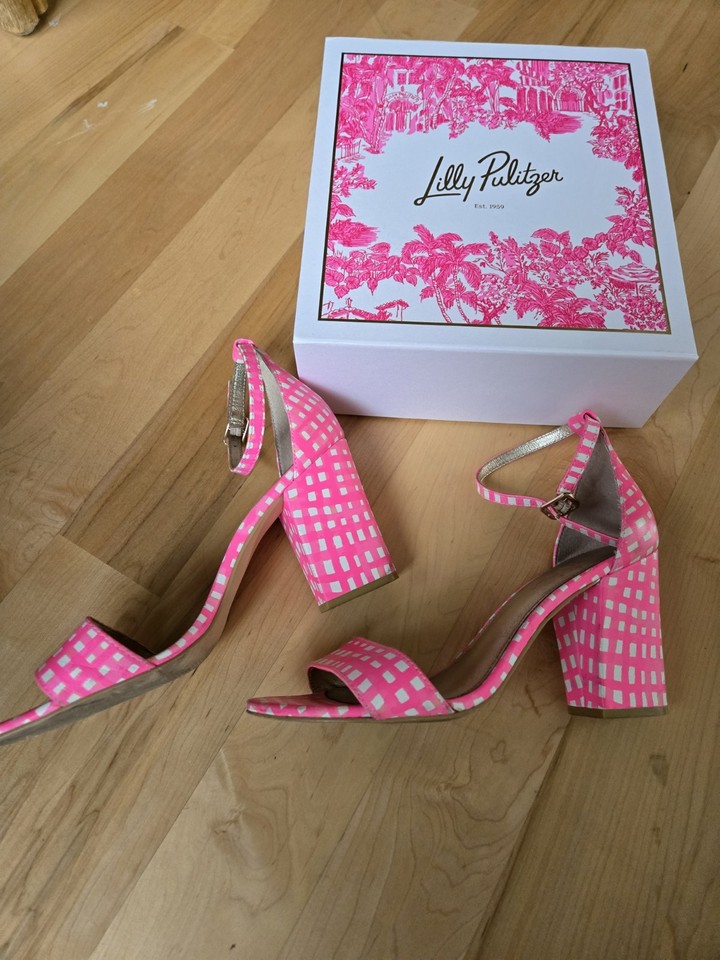 Lilly Pulitzer $198 Amber Lynn Sandals Pink Gingham Block Heels Size 9 ...