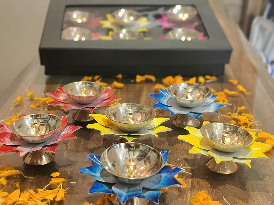 Brass Lotus Shape Diya 3 inch Width Set of 6 Brass Oil lamp for Diwali ...