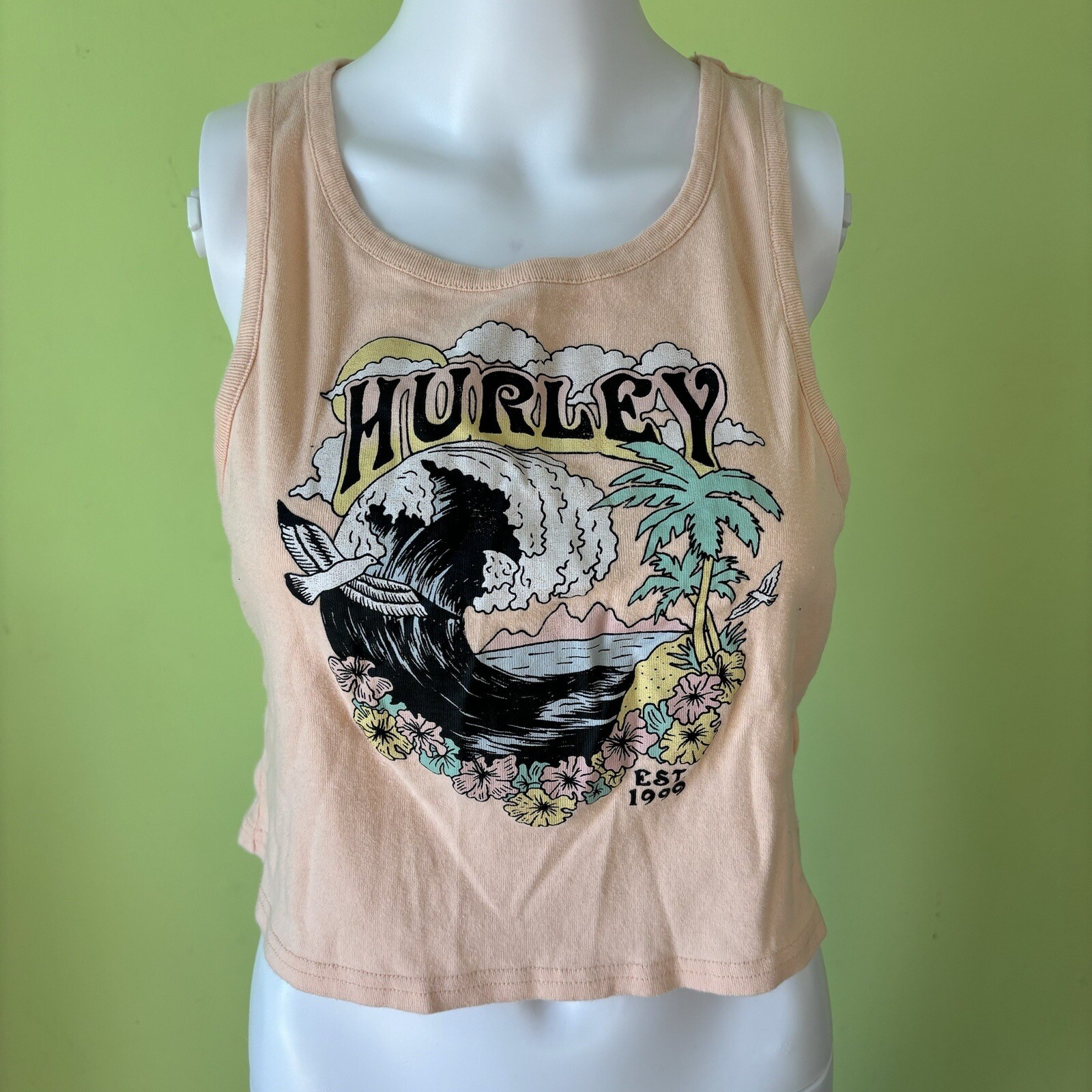 HURLEY PEACH PALM TREE WAVE CROPPED TANK TOP SIZE MED… - Gem
