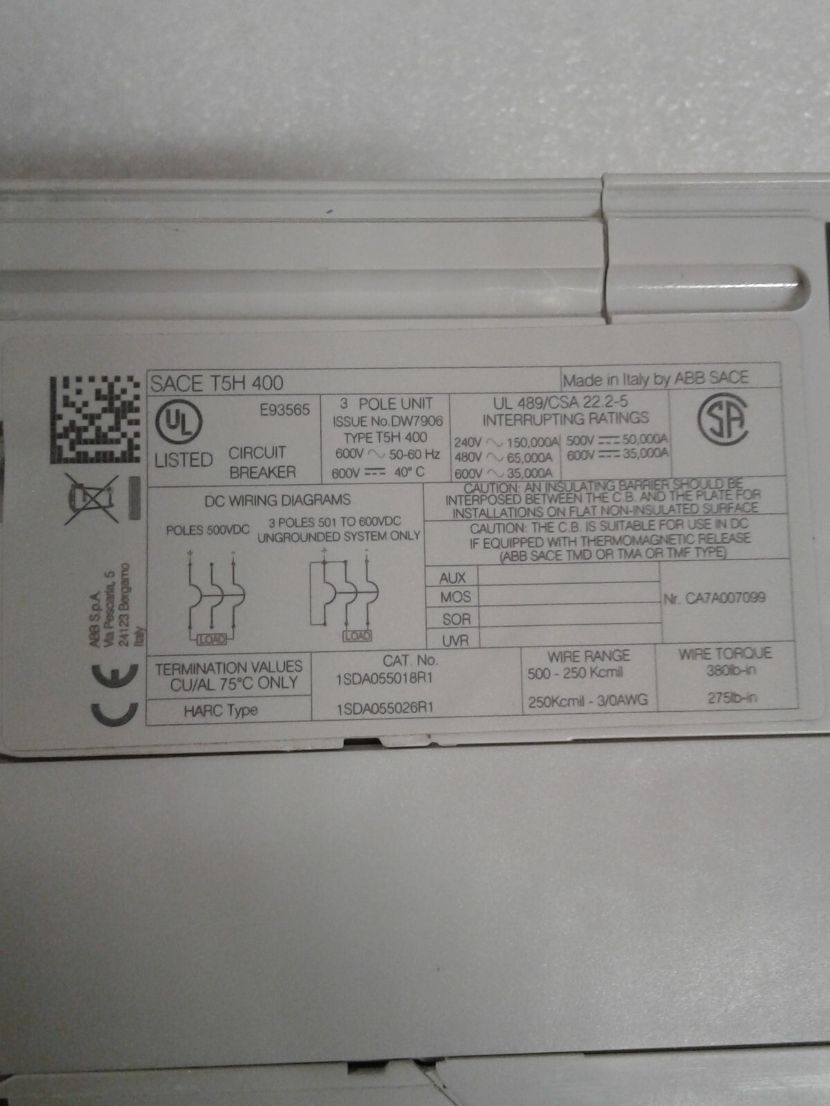 ABB T5HQ400CW SACE TMAX T5H 400 Circuit Breaker w/ Accessory - New | eBay