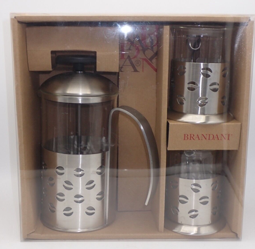 NEW Brandani French Press Coffee Maker + 2 Cups 3-Piece Set Stainless ...
