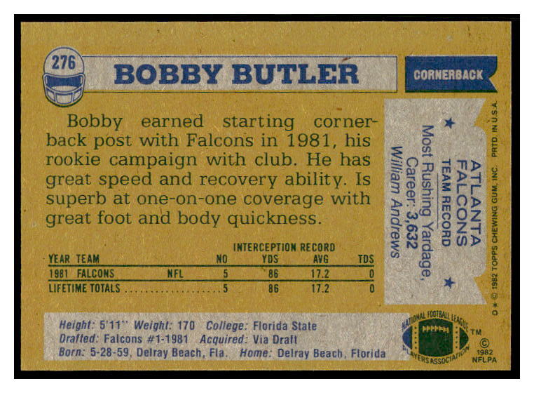 1982 Topps #276 Bobby Butler Atlanta Falcons Rookie Excellent | eBay