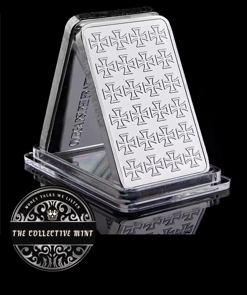 2~1 Oz German Silver~Iron Eagle & Cross~AG Alloy Bar In Case~NOT .999 ...