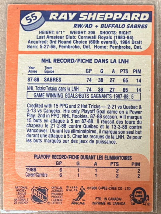 Ray Sheppard Rookie Card 1988-89 O-Pee-Chee Hockey #55 - Buffalo Sabres ...
