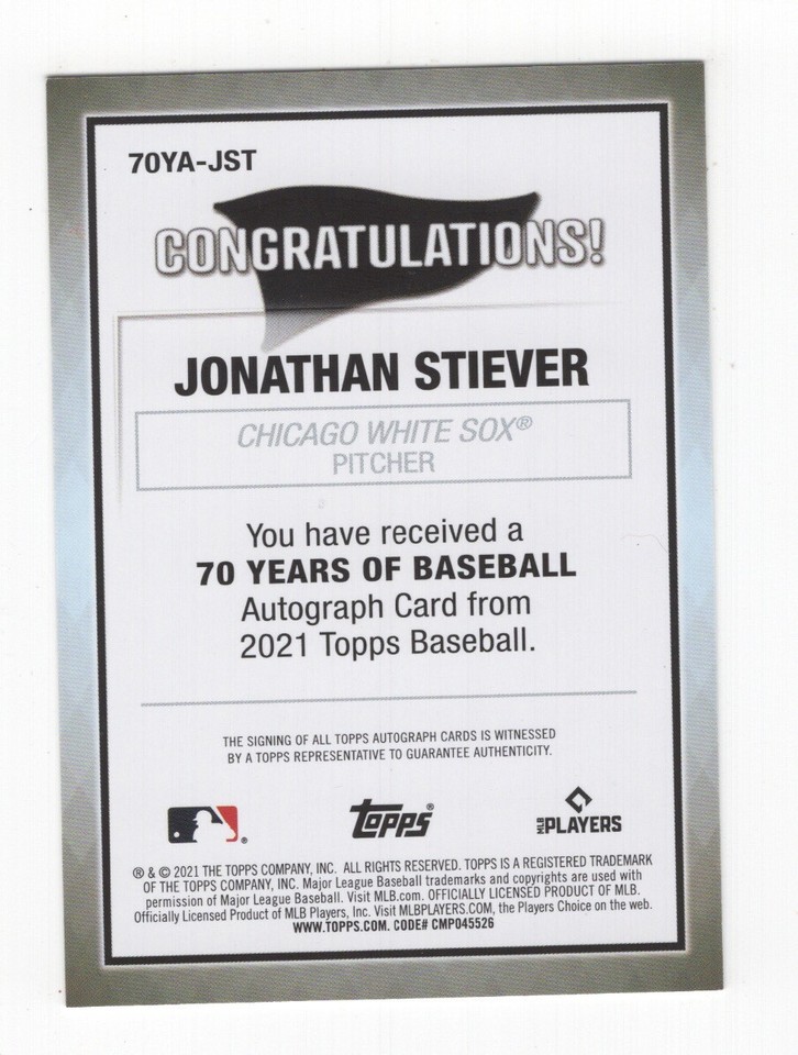 2021 TOPPS 70 YEARS OF BASEBALL AUTOGRAPH JONATHAN STIEVER WHITE SOX | eBay