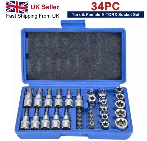 34Pcs Torx Torque Tork Star Bits Drive Male Female 3/8' Chrome Sockets ...