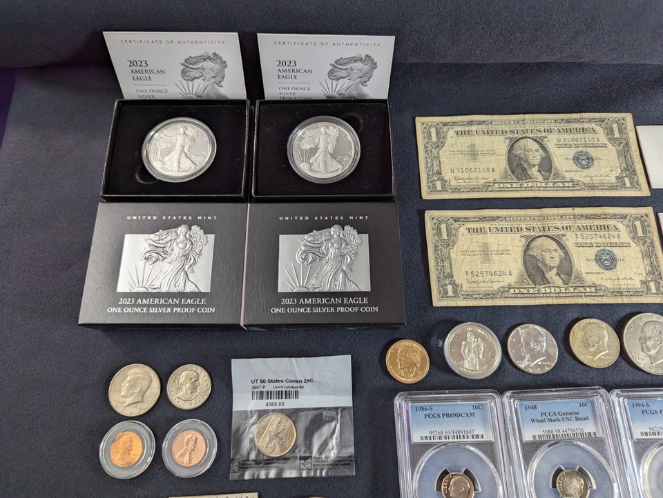 Junk Drawer Lot- 2 Proof ASE, Silver, Copper, Zombucks, Coins, Notes ...