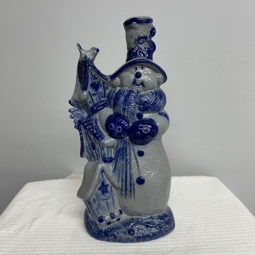 10” Tall Eldreth Pottery Salt Glaze Snowman Birdhouses Cobalt Blue 2001 ...
