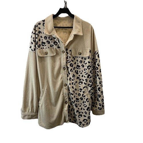 Womens Cream Animal Print Cheetah Button Up 2 Tone Shacket Jacket Size ...