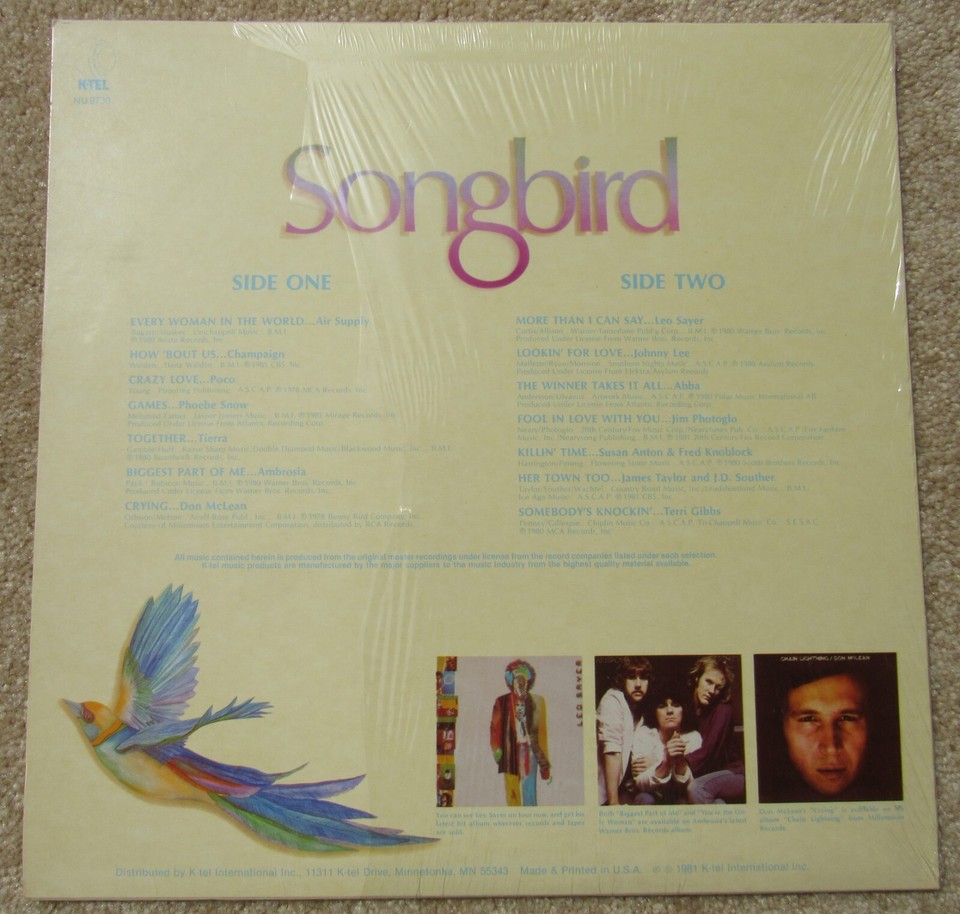 Songbird K-Tel Vinyl Record W/ Shrink LP Album Abba, Poco, Air Supply ...
