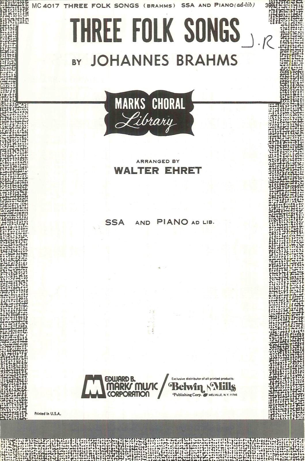 Brahms Three Folk Songs Sheet Music SSA Chorus A Cappella 1956 Ehret ...