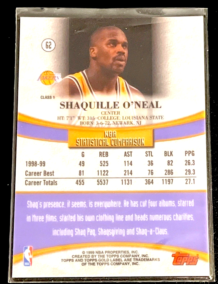 Shaquille O’Neal 1999 Class 1 Topps Gold Label Series #62 Lakers | eBay