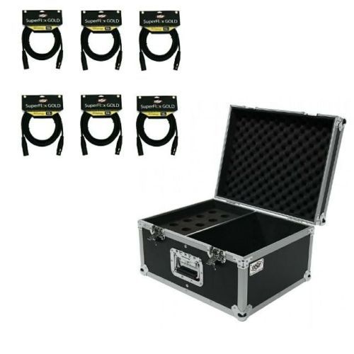 OSP 15 Slot ATA Flight Road Microphone Case & 6 Mic Cables 15' Ft -Gold ...