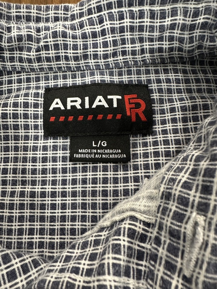 Ariat Work FR Shirt Mens Large Blue Plaid Flame Resistant CAT 2 Button ...