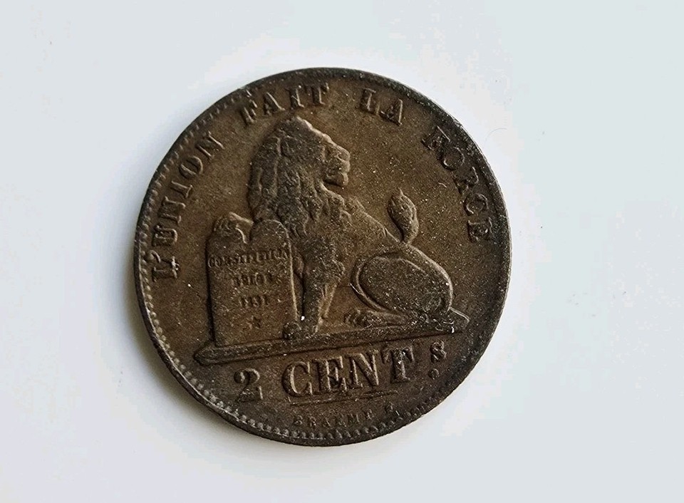 Two Old Belgian 2 Cents Copper Coins; 1865 (Leopold I) & 1876 (Leopold ...
