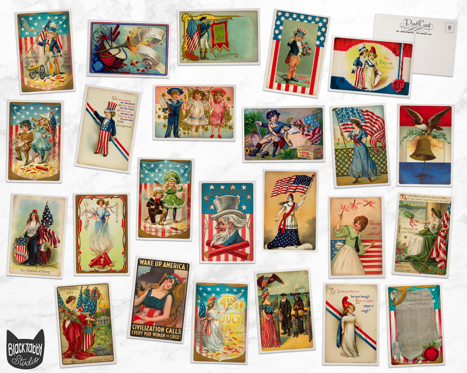 24 Retro Patriotic Postcards Vintage Style American Flag Illustration ...