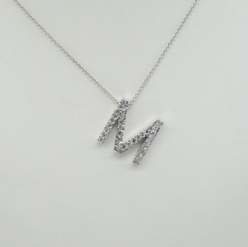 14K WHITE GOLD INITIAL LETTER " M " DIAMOND PENDANT WITH 14K 16" LONG ...