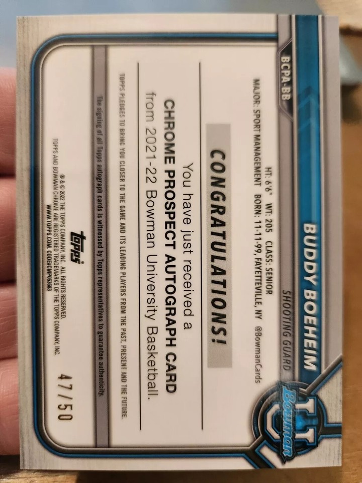BUDDY BOEHEIM 2021-22 BOWMAN UNIVERSITY 1ST RC GOLD LAVA AUTO /50 ...