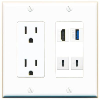 HD USB-3 2 USBC Port Wall Plate w/Power Outlet White | eBay
