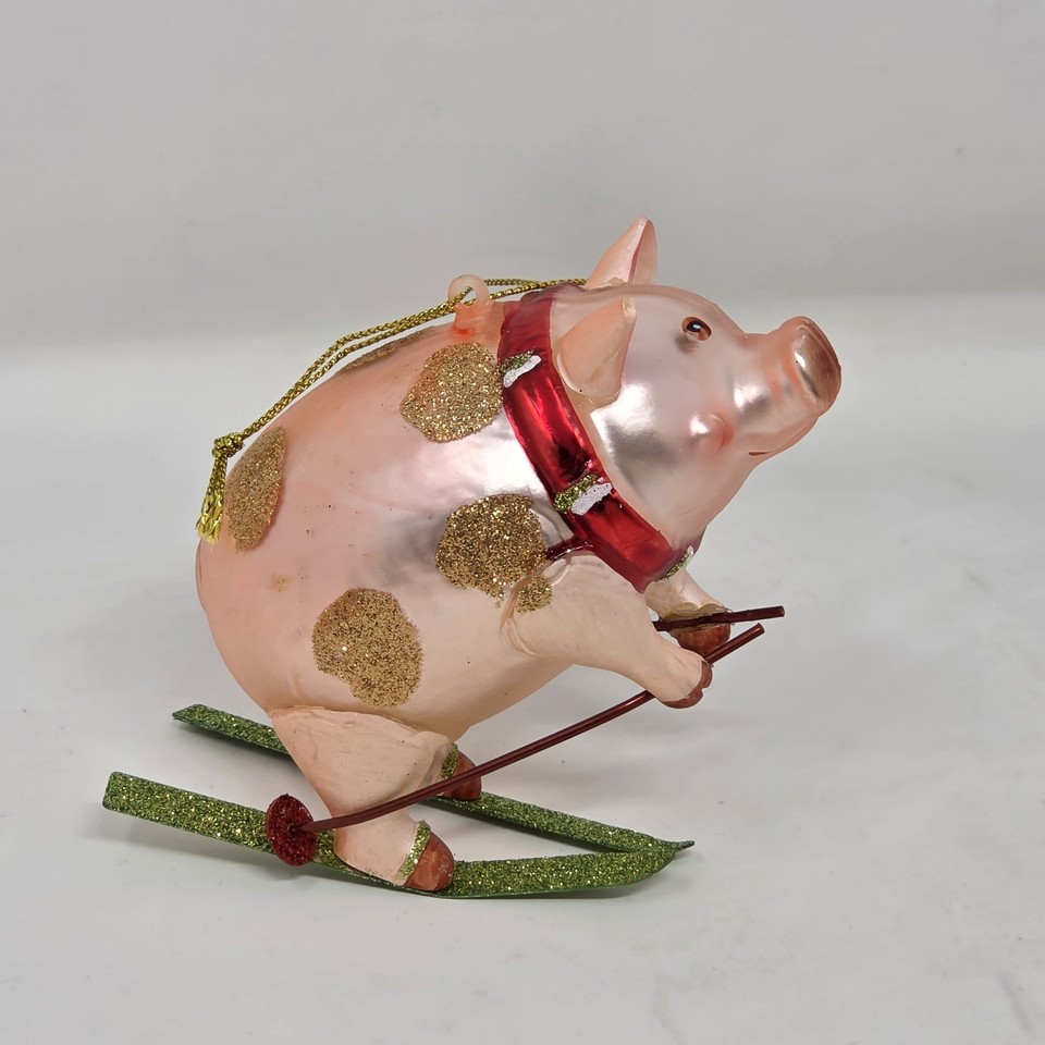 Gisela Graham Christmas Polka Dot Pig On Skis Blown Glass Glitter | eBay