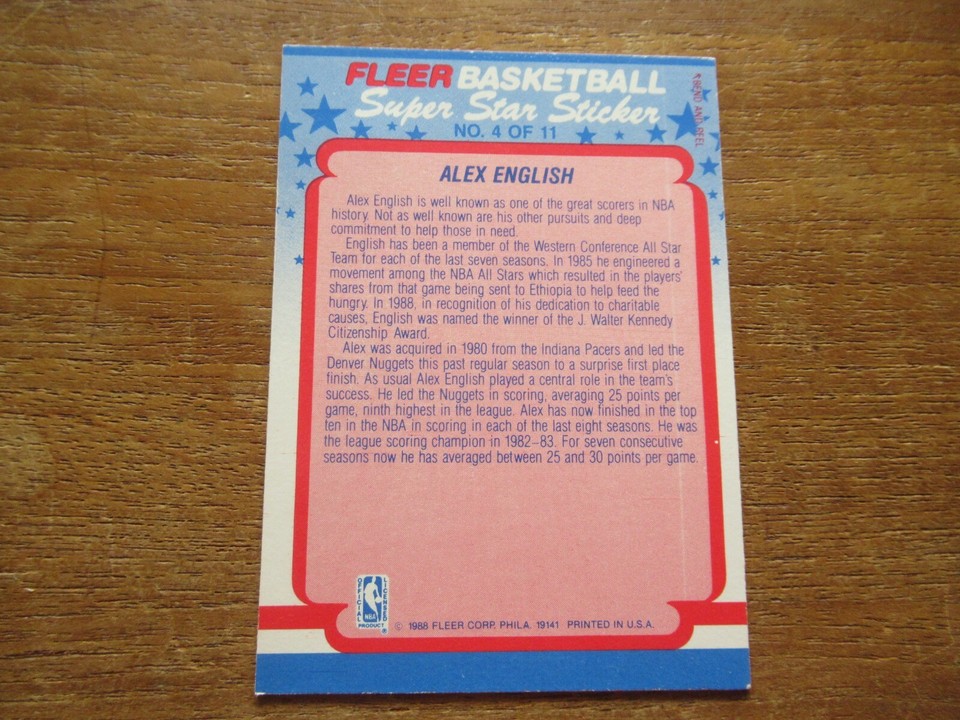 1988 FLEER BASKETBALL ALEX ENGLISH STICKER #4 HOF NUGGETS HIGH GRADE ...